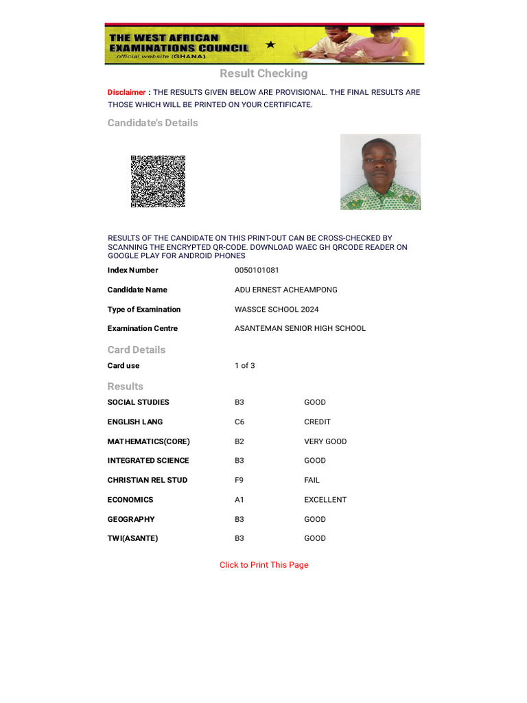 Ernest Acheampong's WASSCE Results | PDF