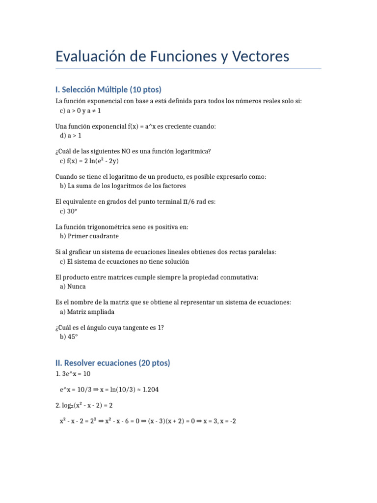 Evaluacion Funciones y Vectores | PDF | Logaritmo | Funciones trigonométricas