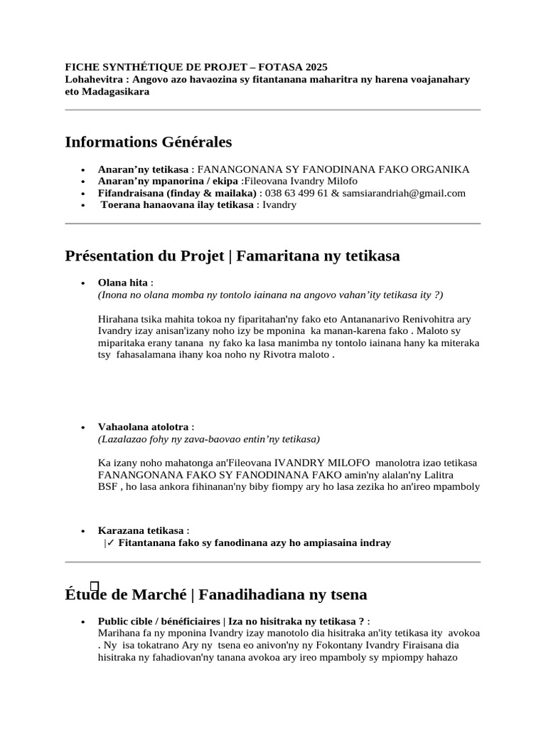 Fiche Synth Tique de Projet - Docx Filename Utf 8''fiche Synthétique de Projet | PDF