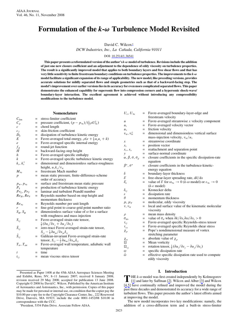 Wilcox - Formulation of K-Omega Turbulence Model | PDF | Turbulence | Boundary Layer
