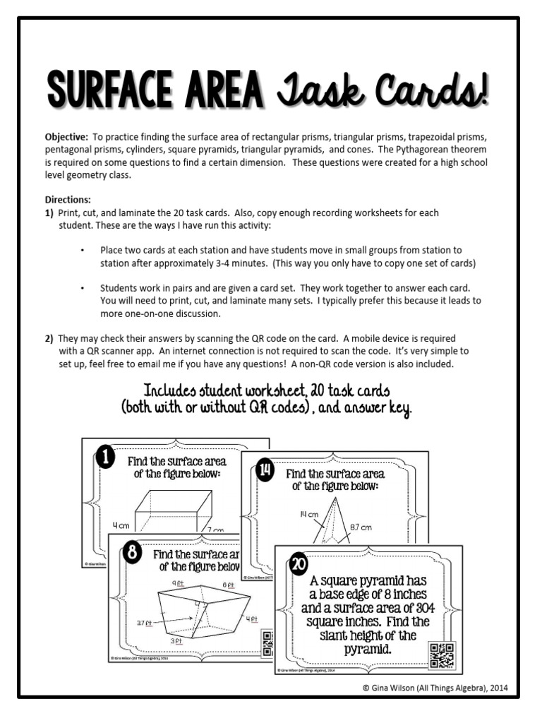 93 Surface Area Prisms Cylinders Pyramids Cones - Task Cards | PDF ...