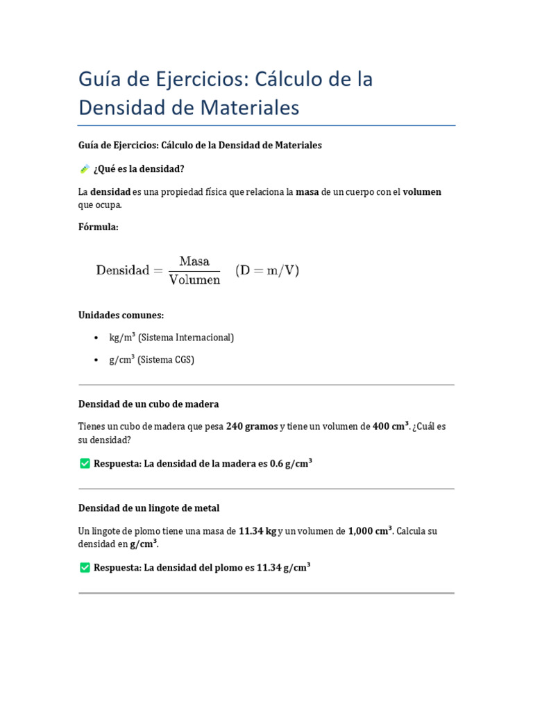 Cálculo de Densidad de Materiales | PDF | Densidad | Volumen