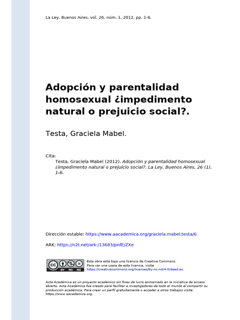 Testa, Graciela Mabel (2012). Adopción y parentalidad homosexual ...