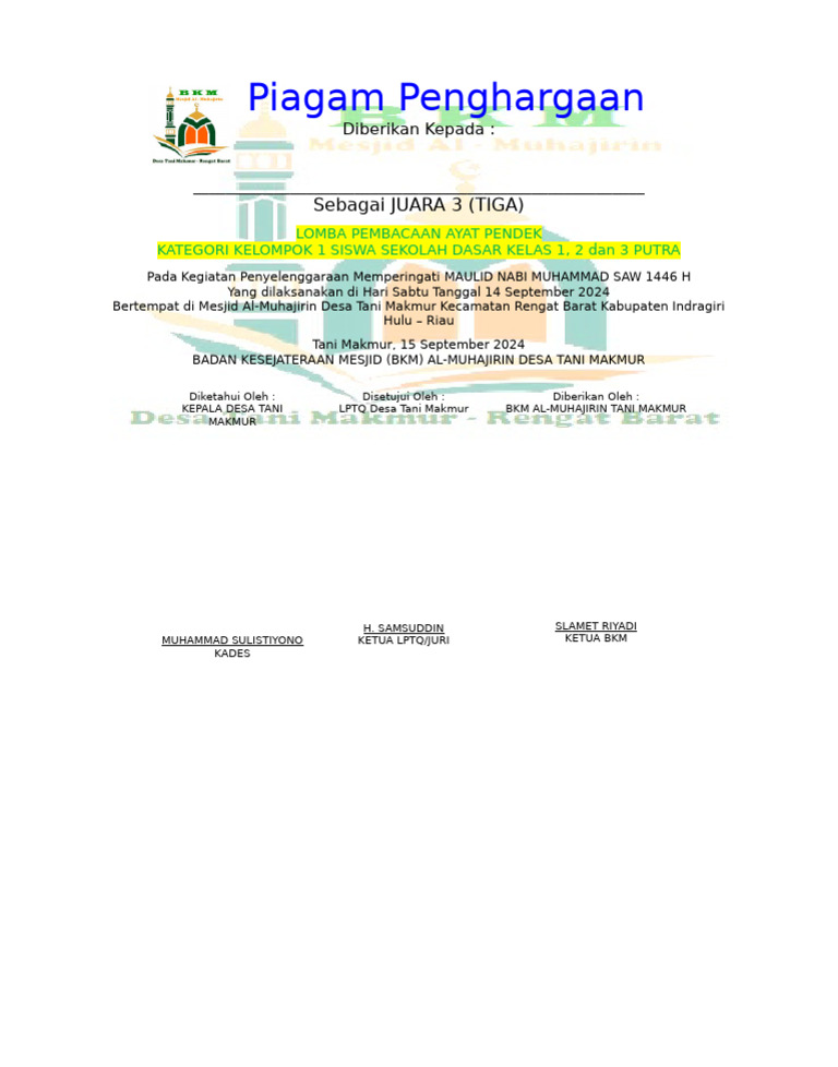 Piagam AYAT PENDEK 123 | PDF