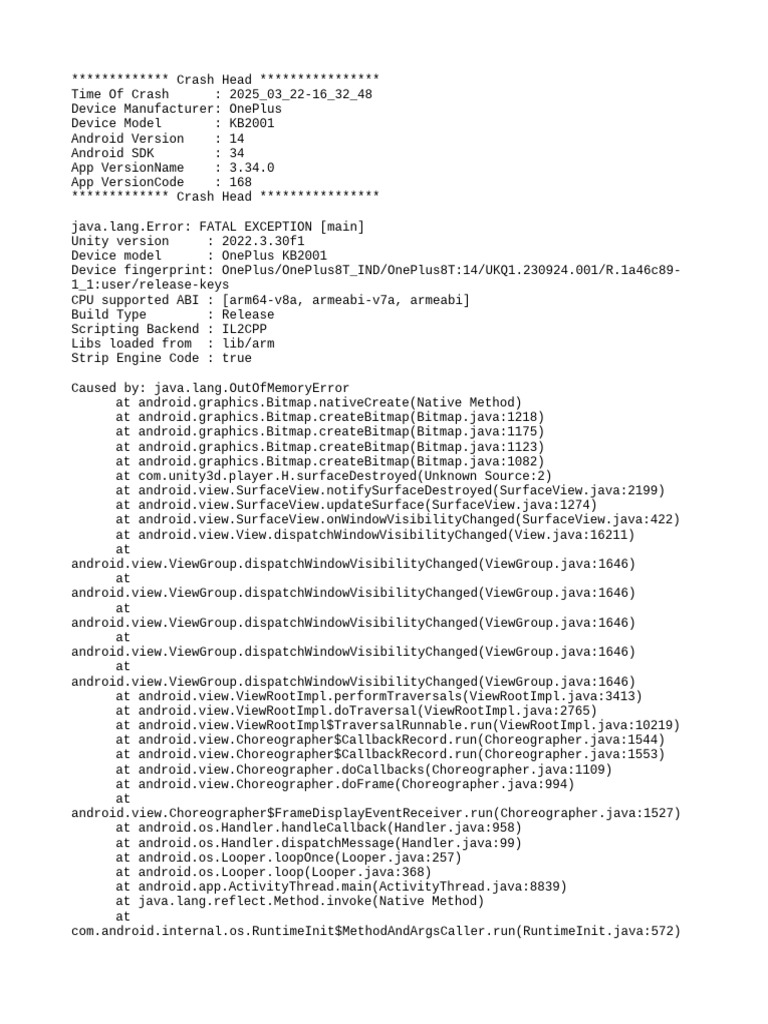 OnePlus Crash Report: OutOfMemoryError | PDF | Java (Programming Language) | Computing Platforms