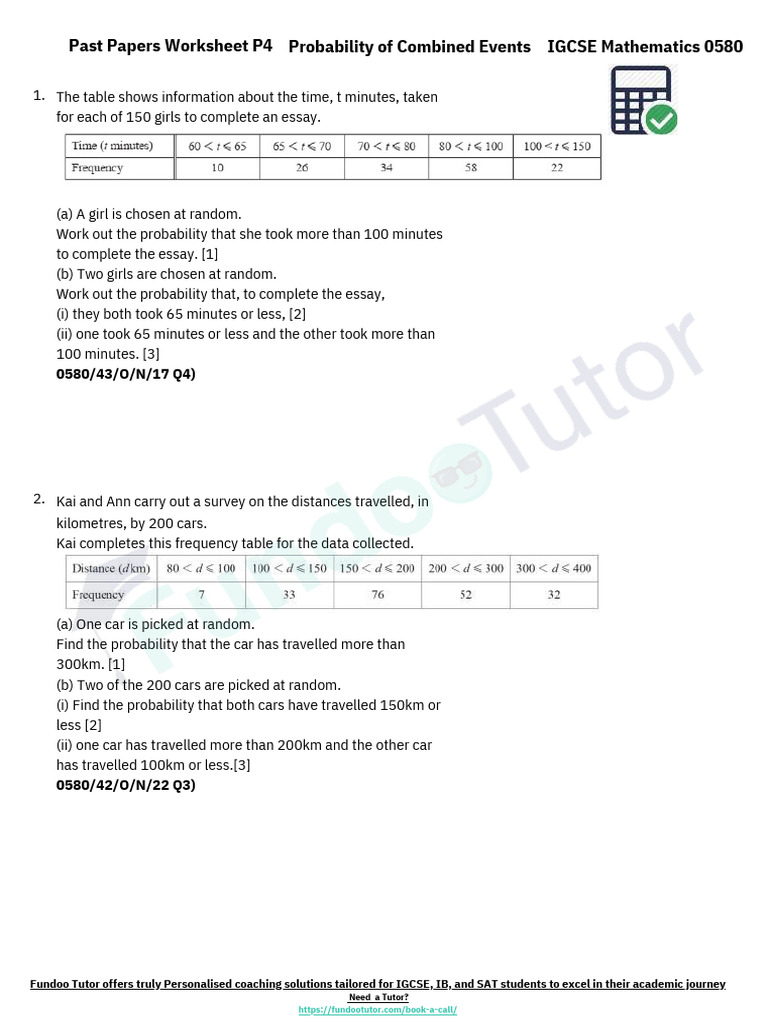 IGCSE Math 0580 Probability of Combined Events Past Papers Worksheet P4 | PDF | Mathematics