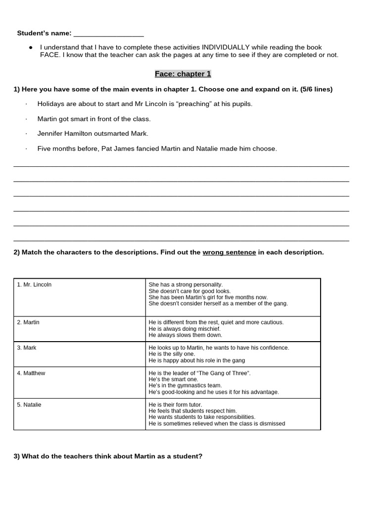 Face. Activities about all the book | PDF