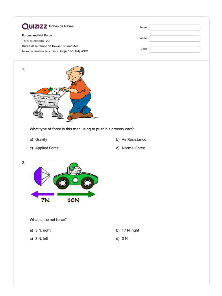 Forces and Net Force Worksheet | PDF | Force | Gravity