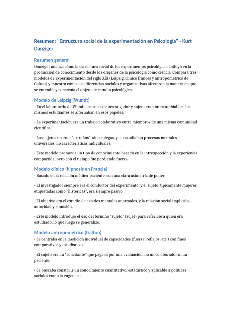 Resumen Danziger Estructura Social Experimentacion | PDF | Sicología | Experimentar