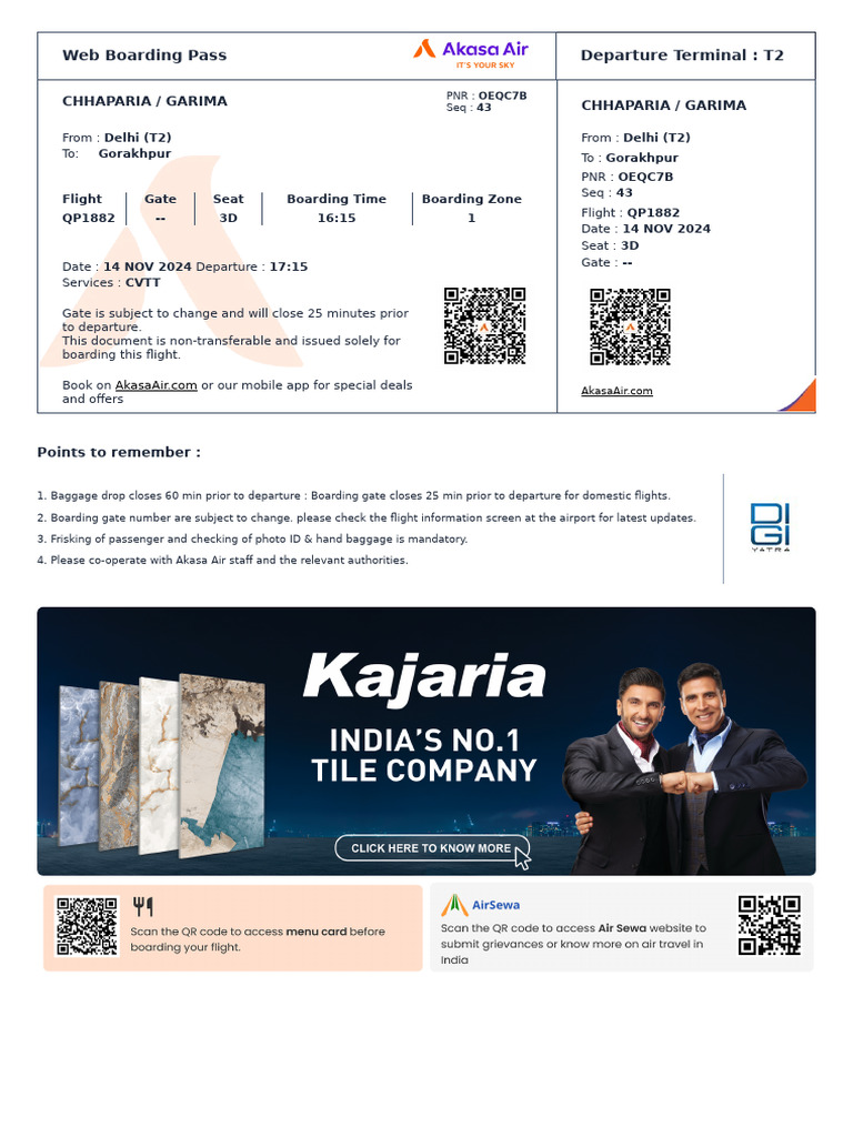 Akasa Air E-Boarding Pass - OEQC7B - Garima | PDF