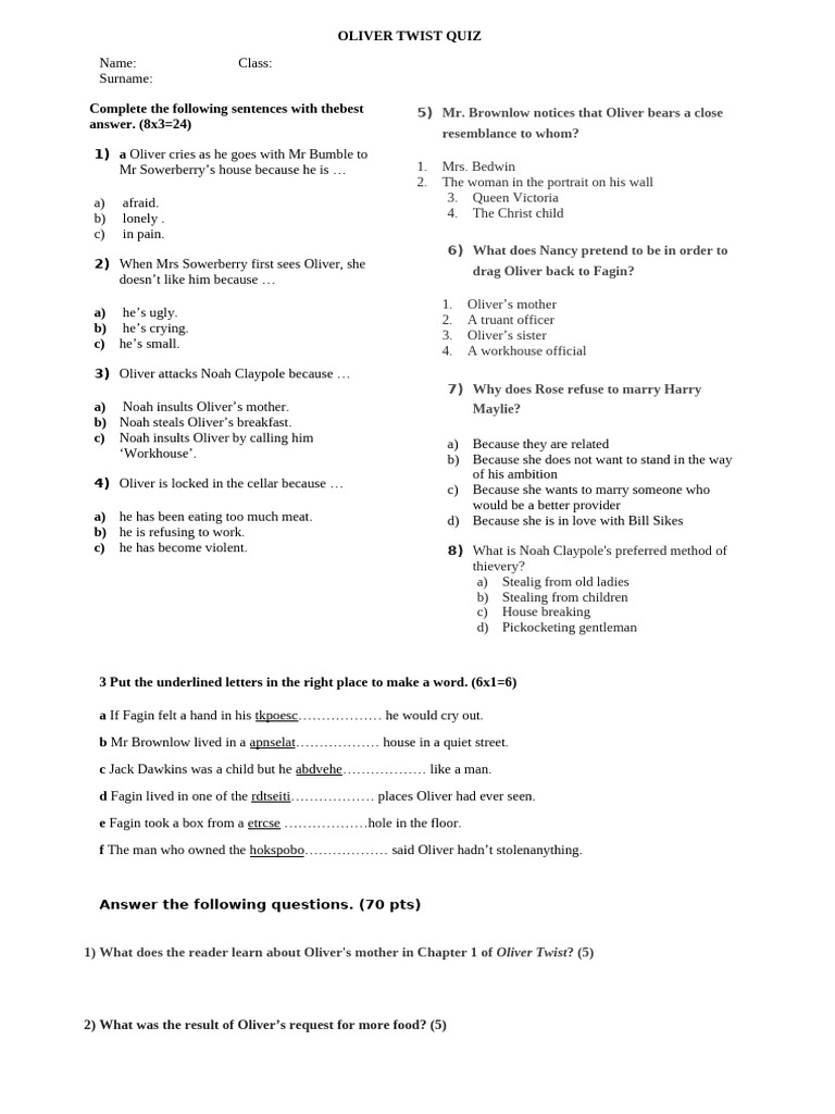 Oliver Twist Quiz and Test Questions | PDF | Oliver Twist | Fagin