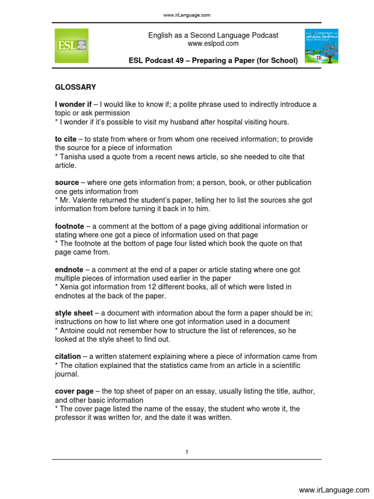 ESL Podcast: Paper Preparation Tips | PDF | Note (Typography) | Citation