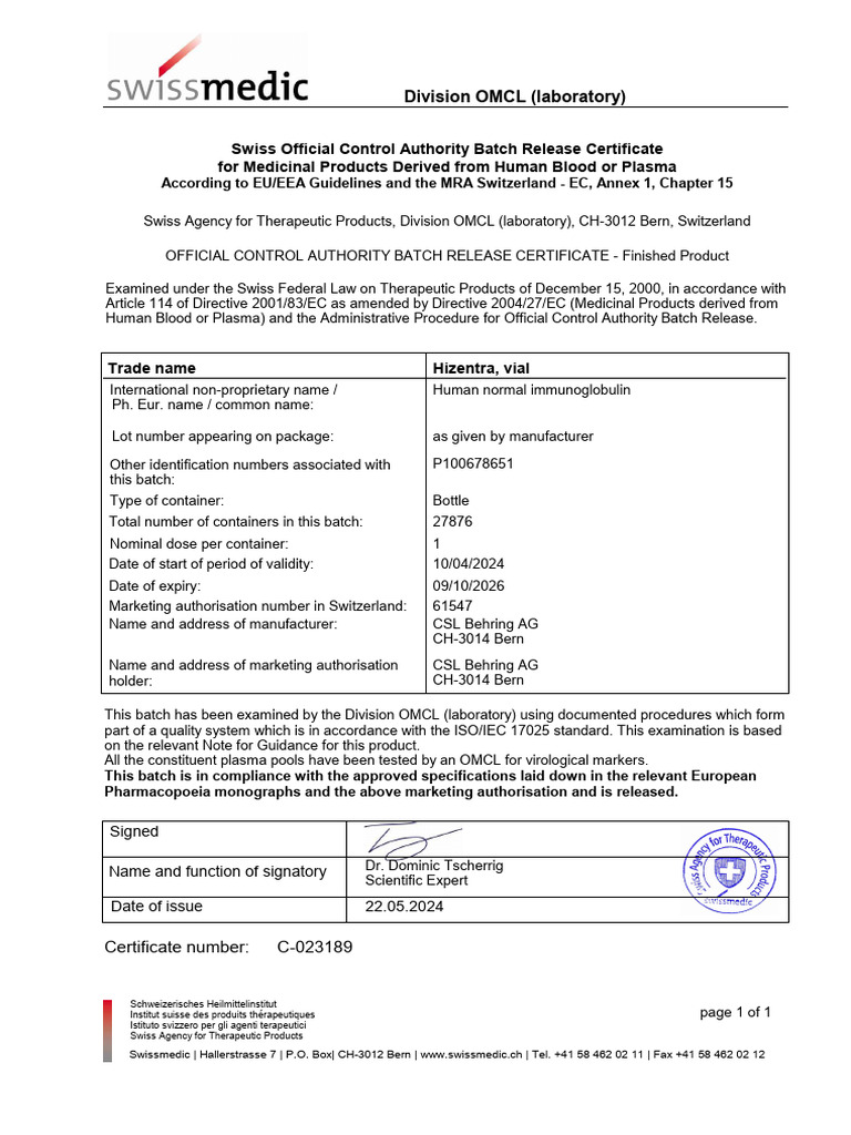 Swiss Batch Release Certificate for Hizentra | PDF | Switzerland