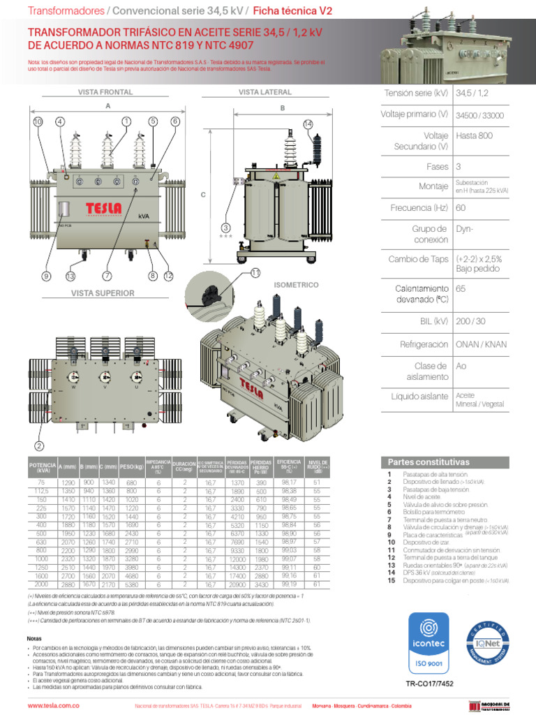 Ficha Técnica Transformador en Aceite Convencional de Potencian Serie 36kV | PDF | Transformador ...
