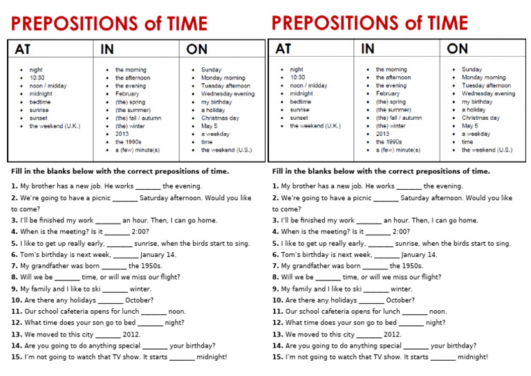 Prepositions of Time-Table | PDF