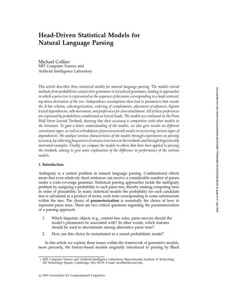 Michael Collins. Head-Driven Statistical Models For Natural Language Processing, Computational ...