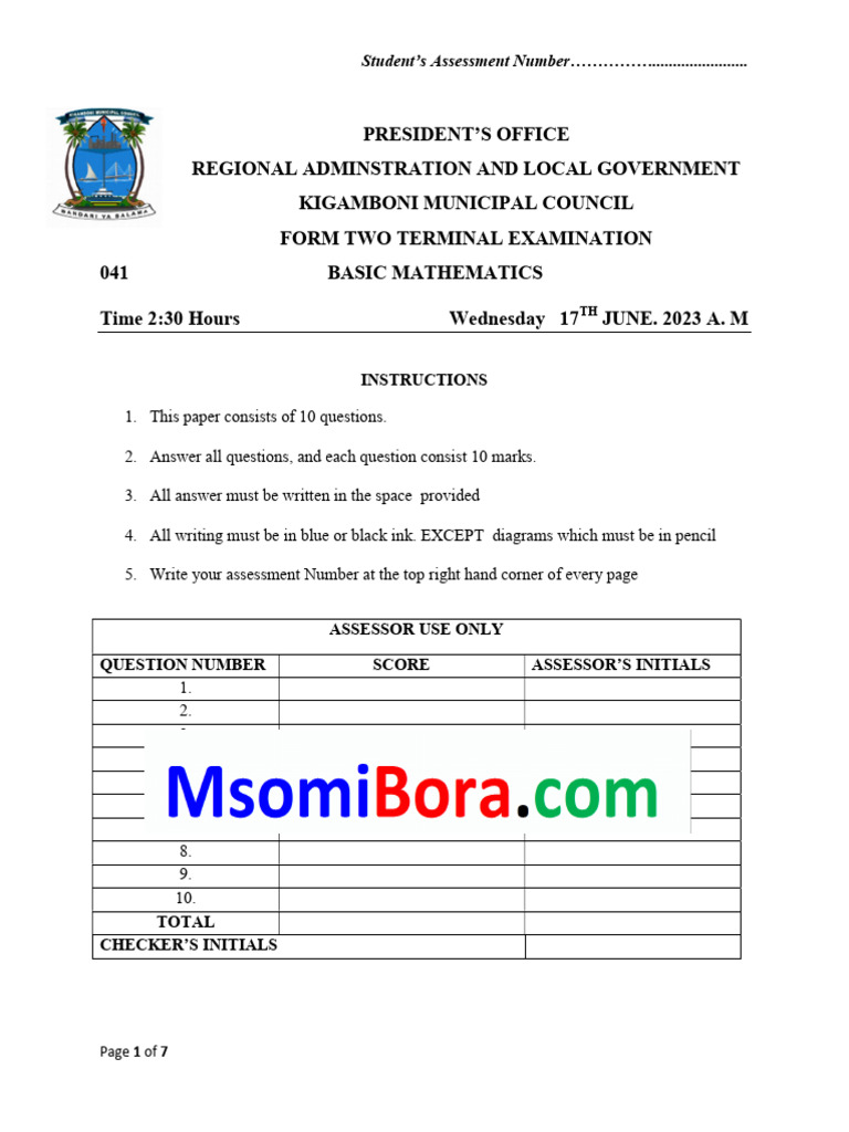 MOCK F2 BASIC MATHS 2023 | PDF | Elementary Mathematics | Mathematics
