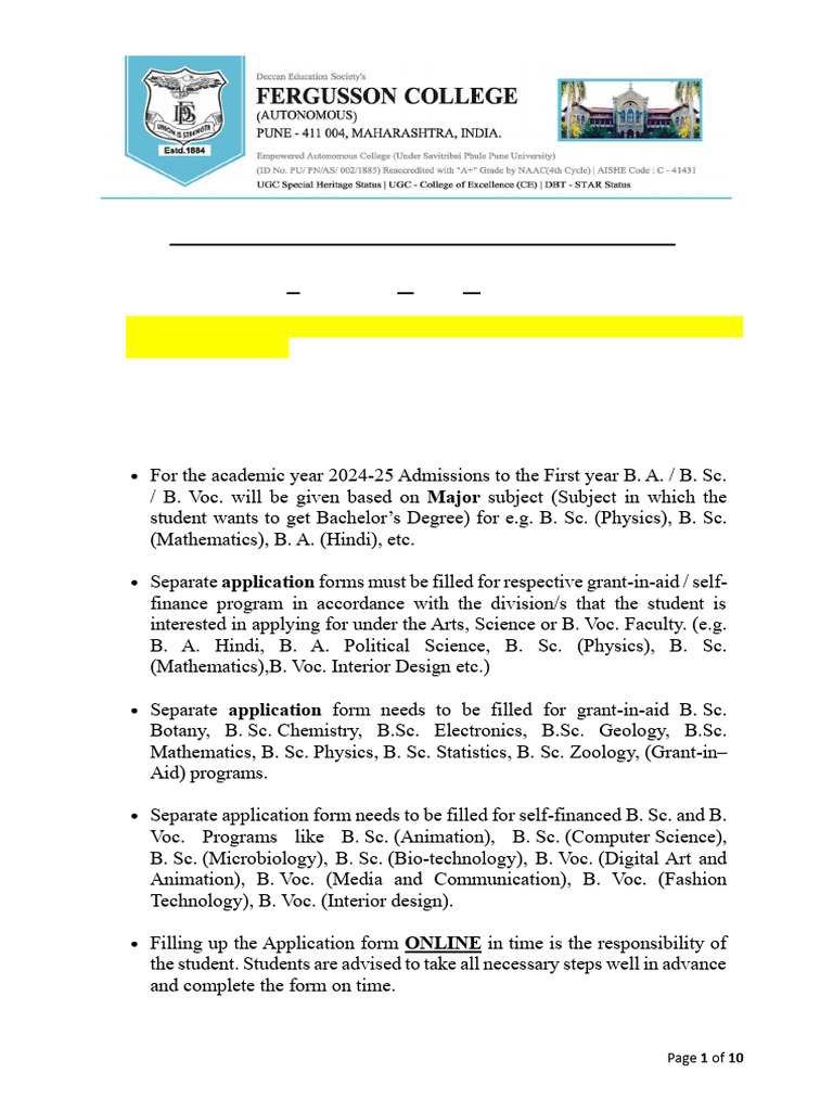 Fergusson College B.A./B.Sc./B.Voc. Admissions 2024-25 | PDF | Academic Degree | Bachelor's Degree