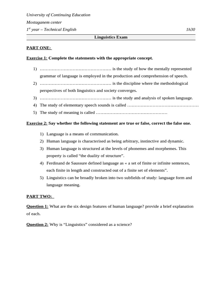 linguistics 1st exam 2024 - with key answers | PDF | Semantics | Linguistics