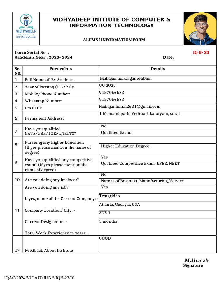IQ B-23 Alumni Infromation Form | PDF