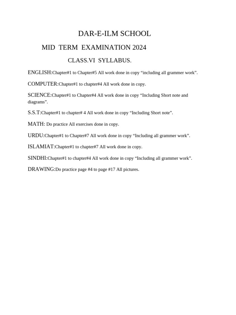 Class VI Mid-Term Exam Syllabus 2024 | PDF