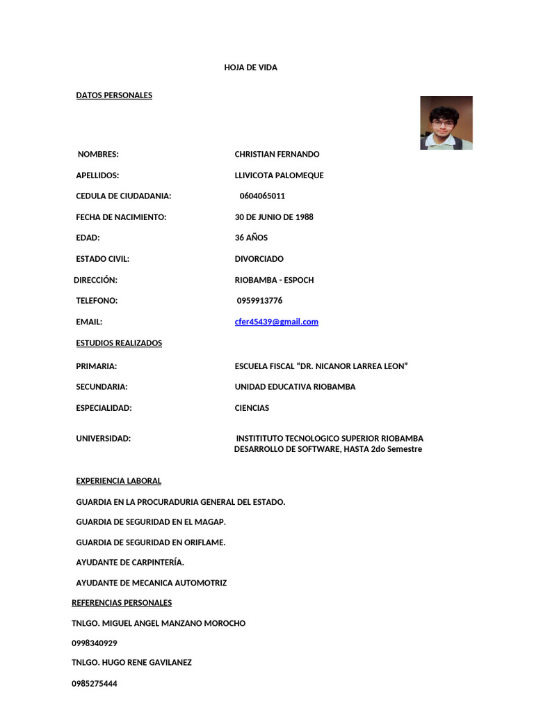 HOJA DE VIDA CHRISTIAN LLIVICOTA cf2025 | PDF