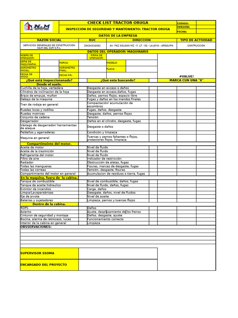 Check List Tractor Oruga | PDF | Vehículo de motor | Vehículos terrestres