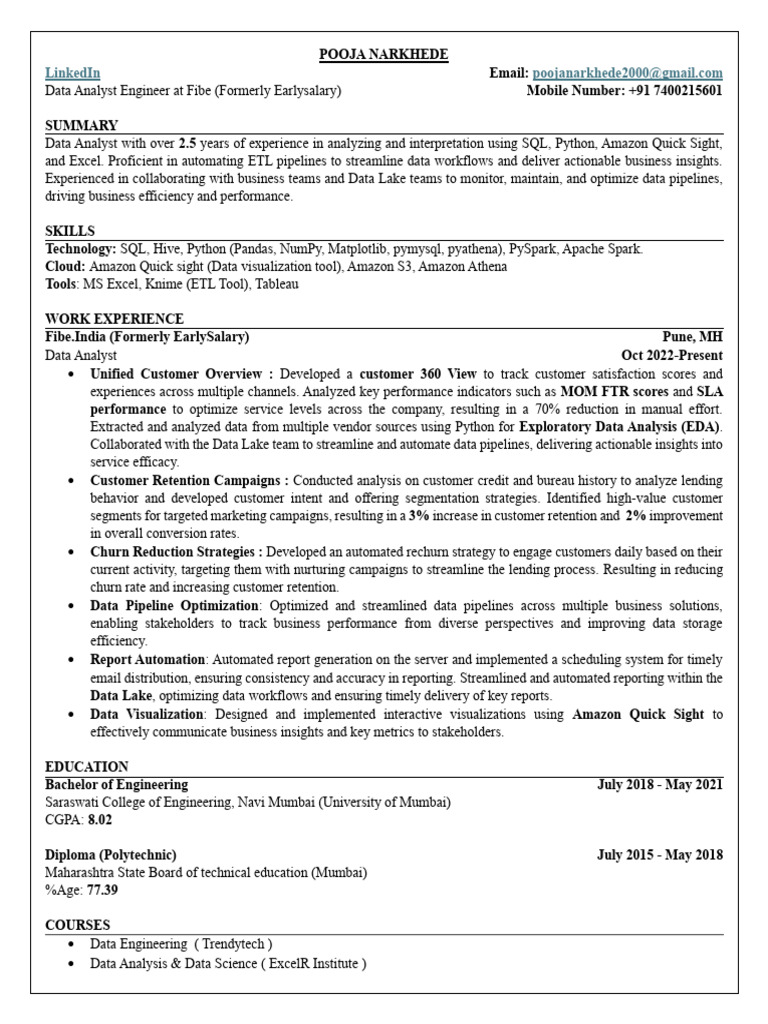 Resume Pooja Narkhede 7400215601 | PDF | Data Analysis | Apache Spark