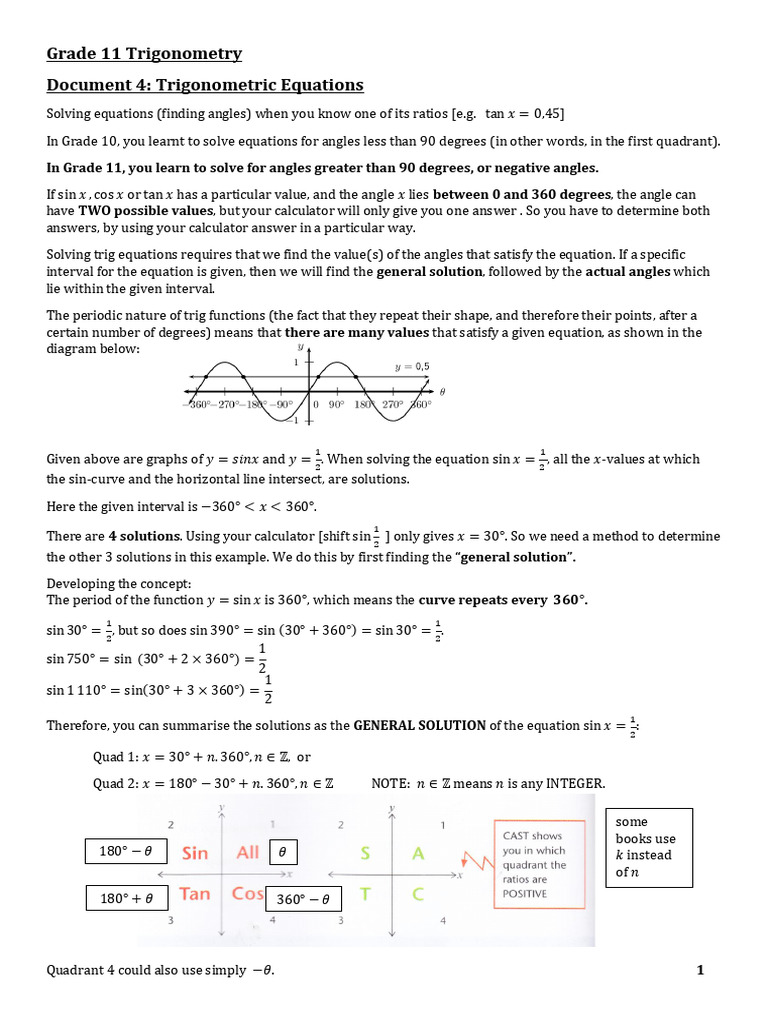 Grade 11 Trig 04 Trig Equations | PDF | Trigonometry | Elementary Geometry