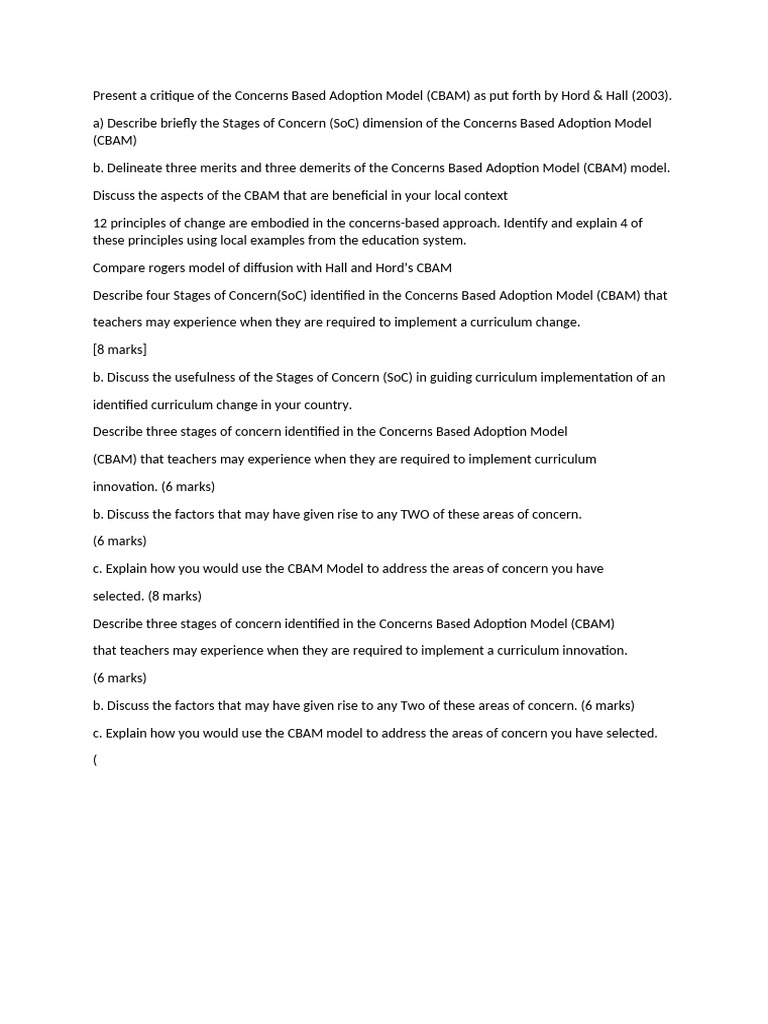 Concerns Based Adoption Model questions | PDF