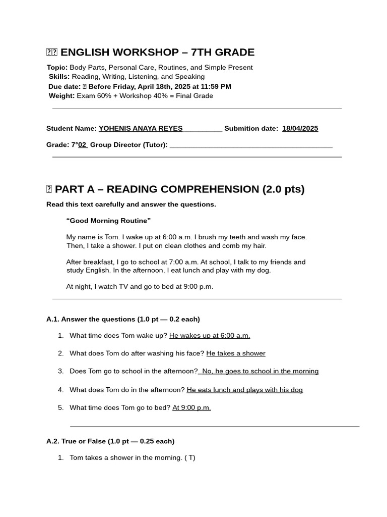 7th Grade English Workshop: Routines & Care | PDF