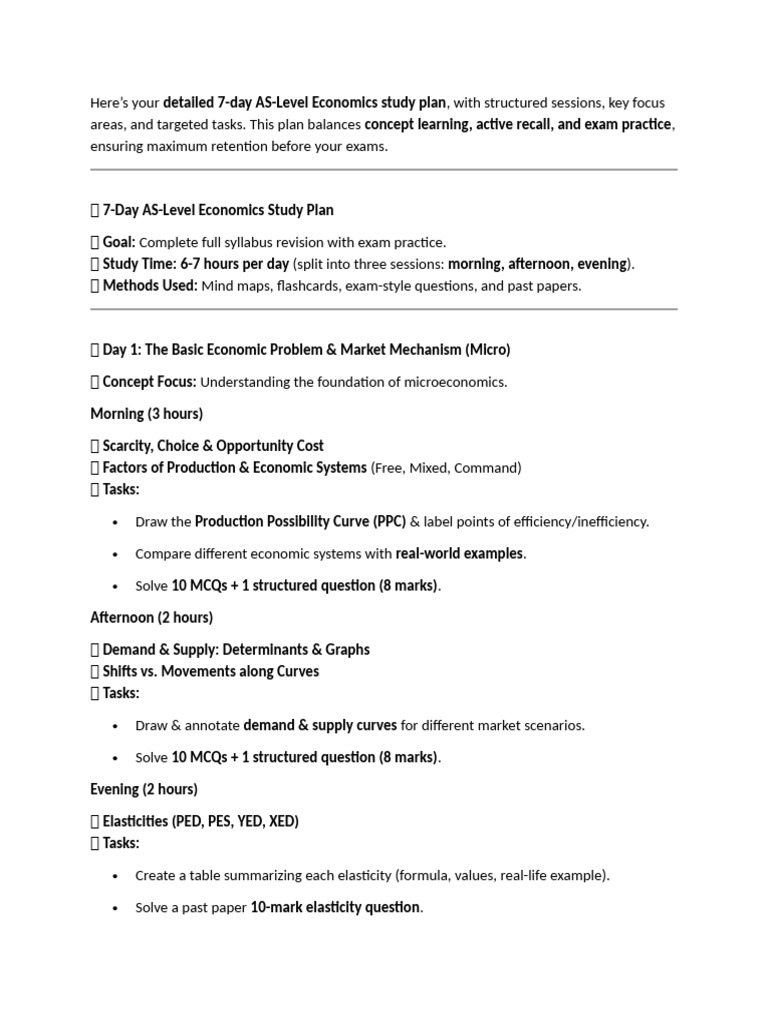7-Day AS-Level Economics Study Plan | PDF | Microeconomics | Fiscal Policy