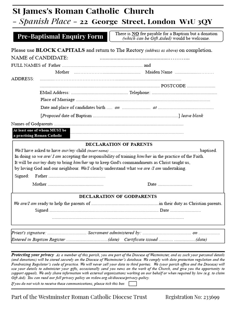 BAPTISM PRE-ENQUIRY FORM - ST JAMES'S CHURCH | PDF | Baptism | Godparent