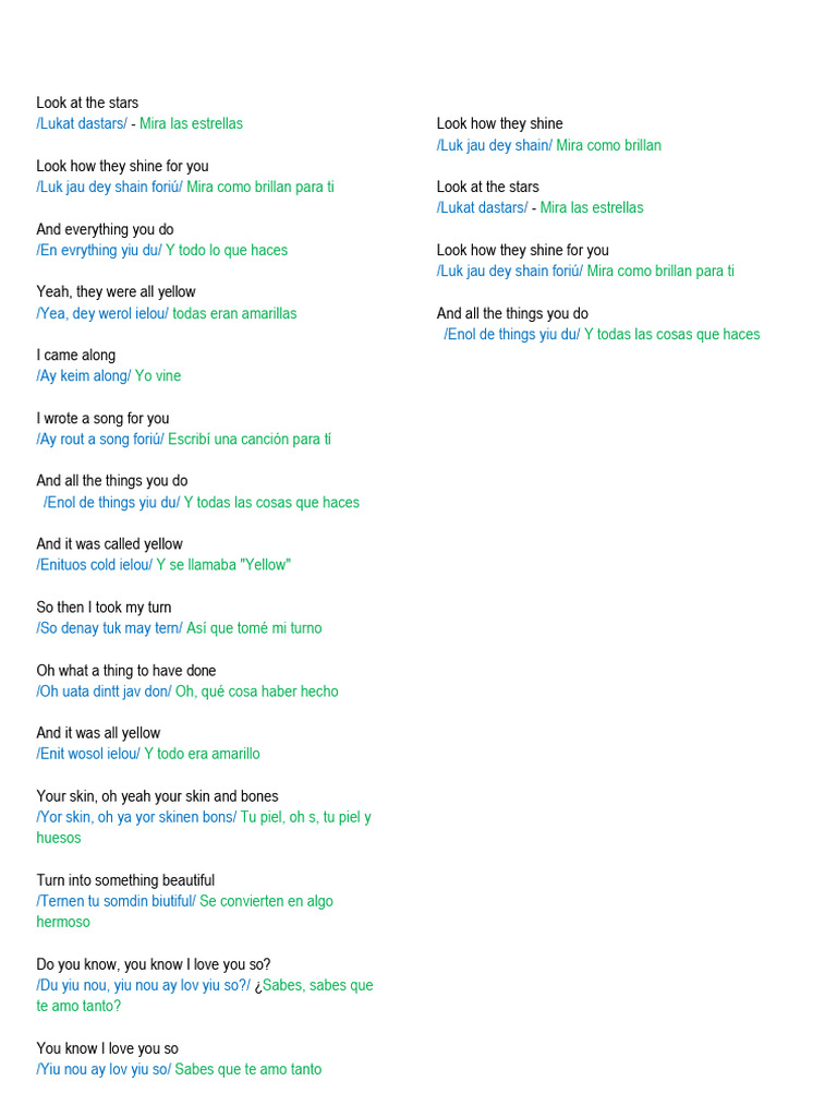 Yellow Coldplay Letra Pronunciacion Traduccion | PDF