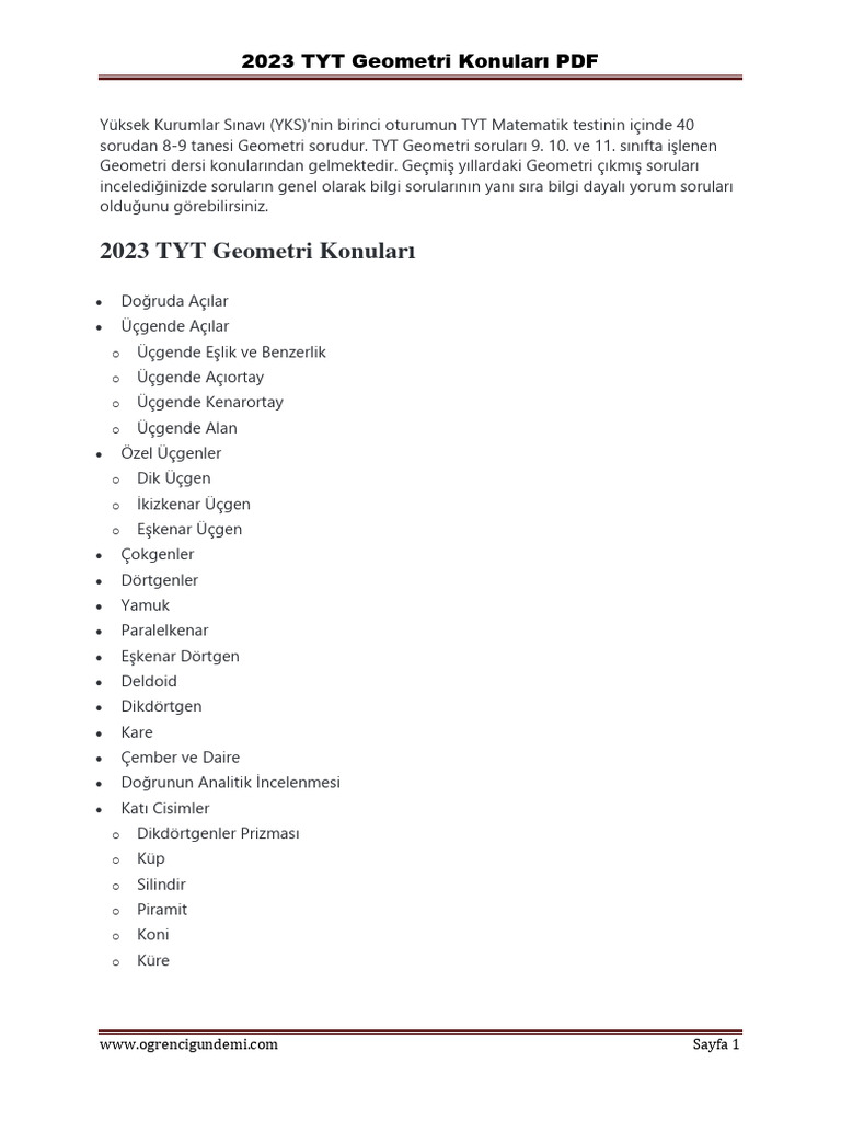 2023 TYT Geometri Konulari | PDF