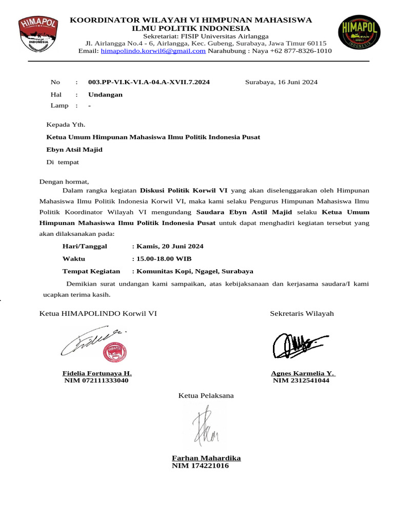 Surat Undangan - Diskusi Politik Korwil VI - KETUM - HIMAPOLINDO ...