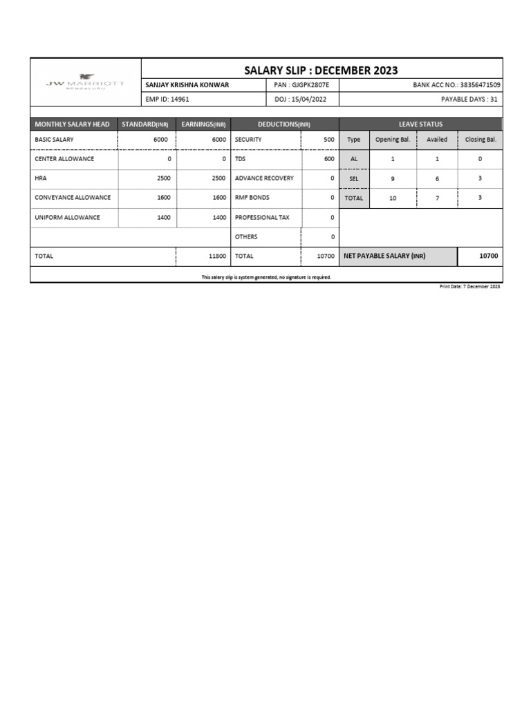 JW Marriott Salary Slip | PDF