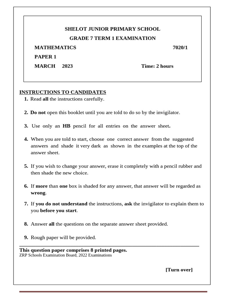 Grade 7 Mathematics Exam Instructions | PDF | Mathematics