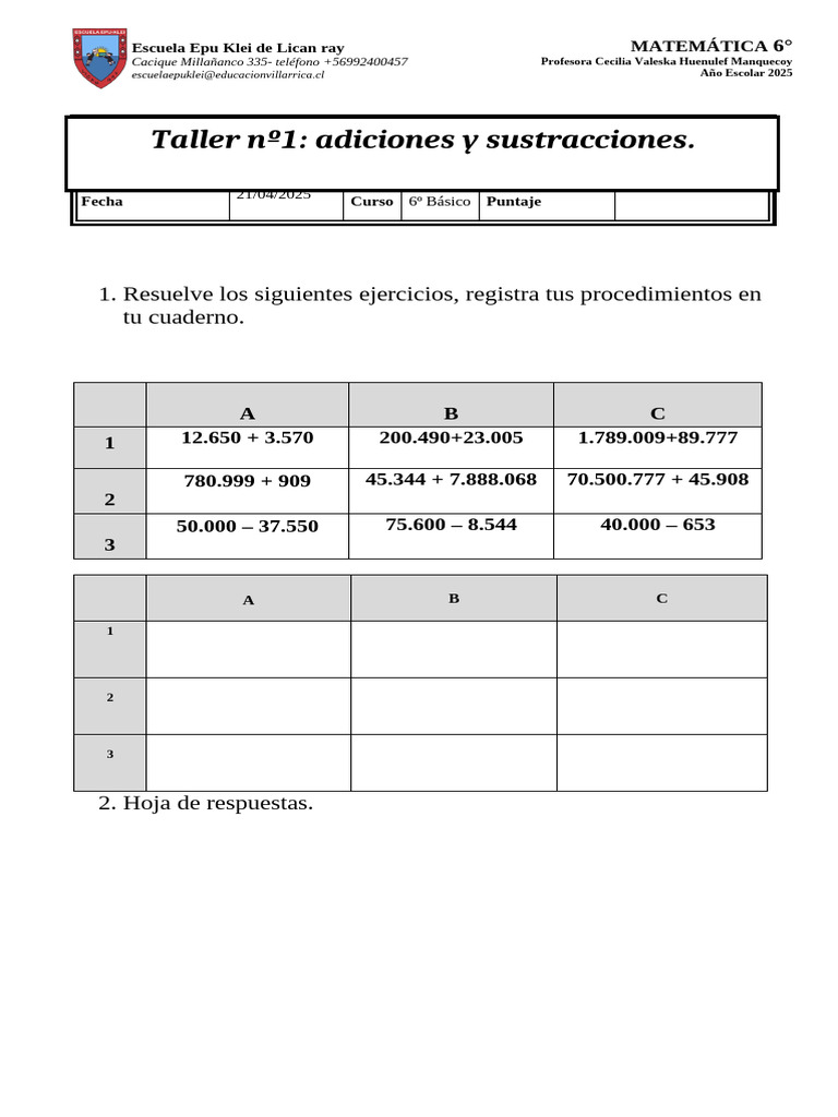 Taller Nº1 Adiciones y Sustracciones 6º | PDF