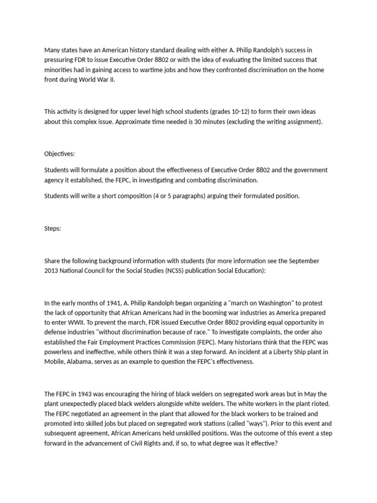 Analyzing Executive Order 8802's Impact | PDF | The United States ...