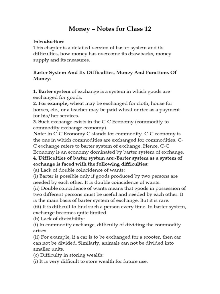 MONEY - Notes For Class 12 | PDF | Money | Money Supply