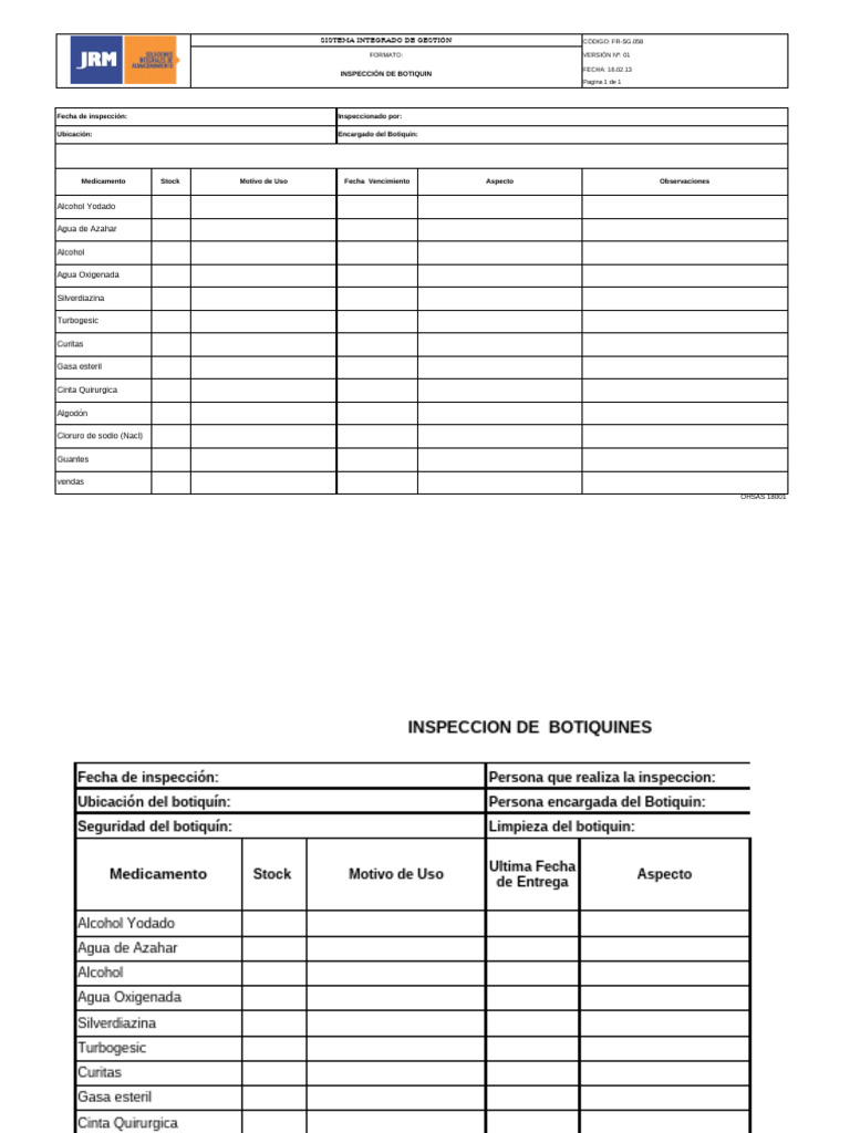 FR-SG.058 Formato Inspeccion de Botiquin - Ver 01 | PDF