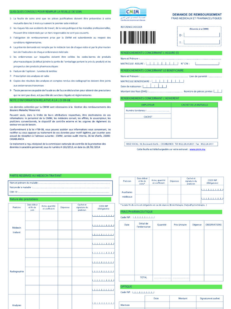 Feuille de Soins Cmim | PDF