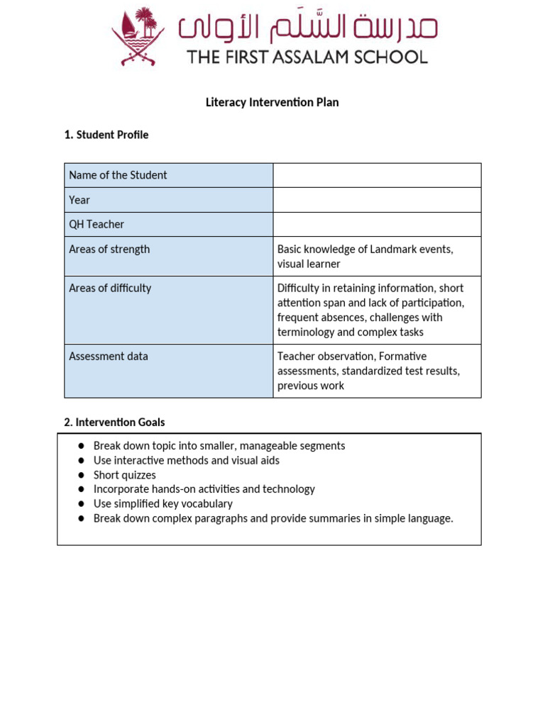 Student - Class - Literacy Intervention Plan | PDF | Human Communication | Behavior Modification