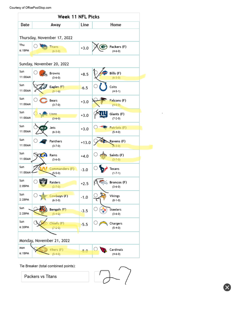 Week 11 NFL Picks Form | PDF