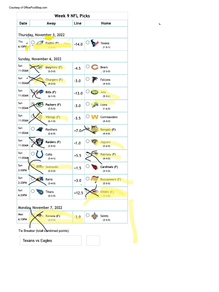 Week 9 NFL Pick Form | PDF