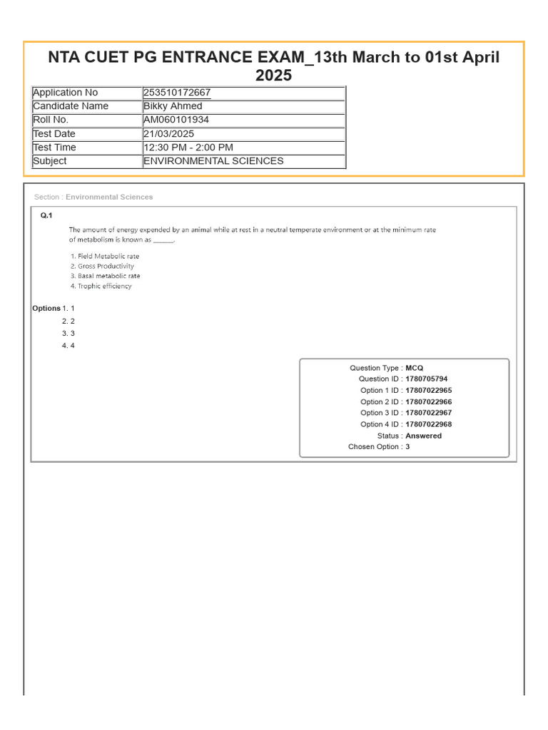 CUET PG 2025 Environmental Sciences | PDF | Multiple Choice ...