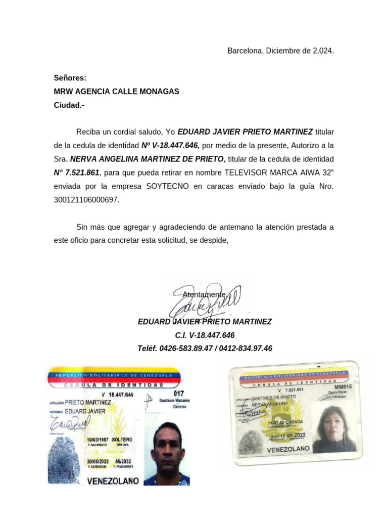 Autorización de Retiro MRW Venezuela | PDF