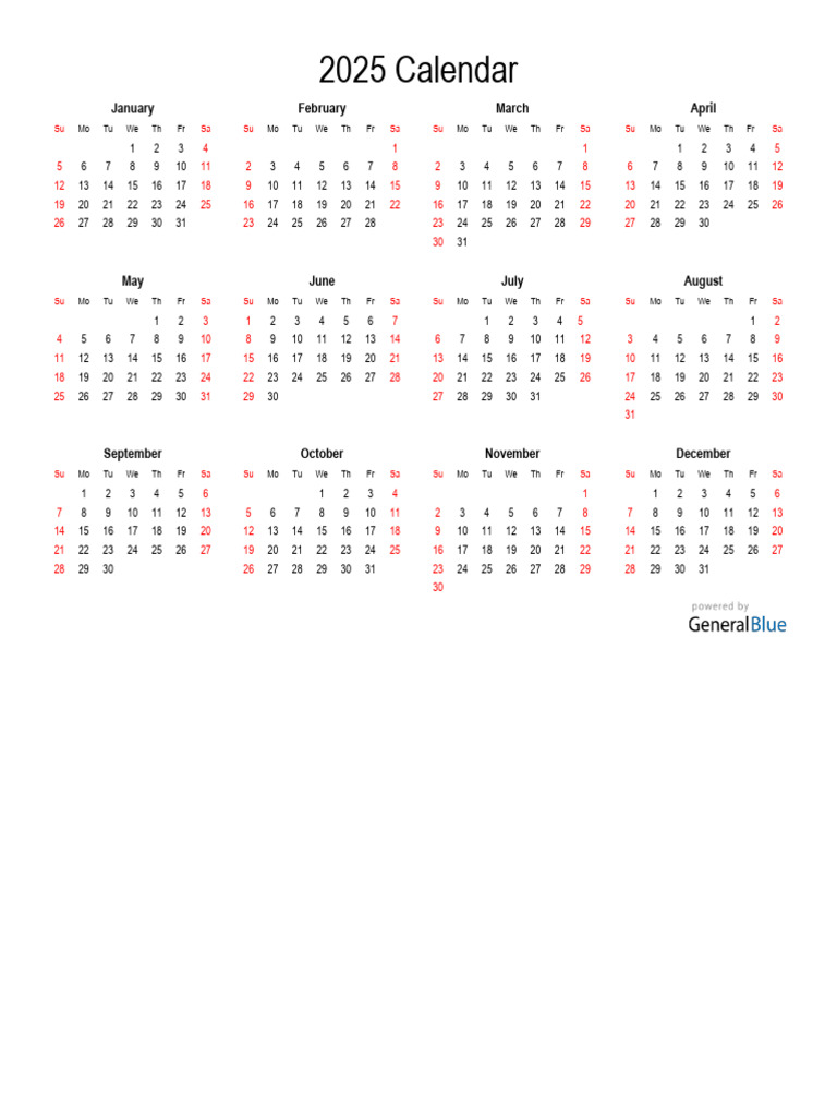 2025 Calendar Red Weekend Landscape Sunday Start | PDF