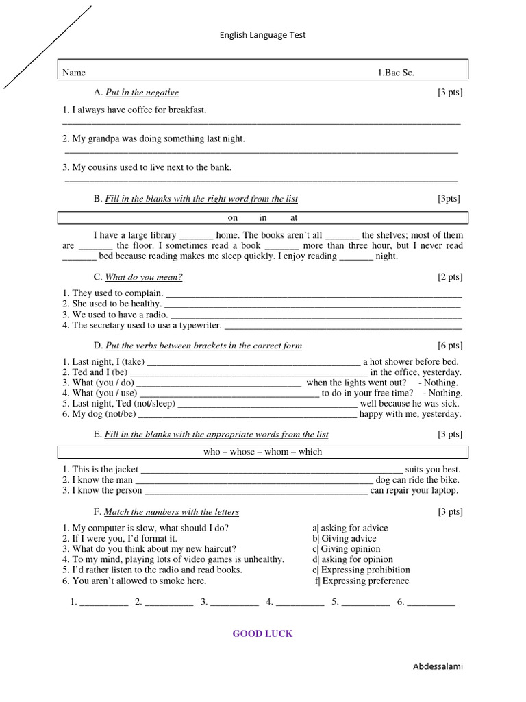 English Language Test Practice Worksheet | PDF | Human Communication ...